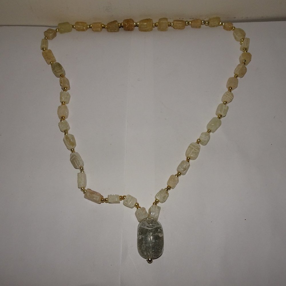 Vintage Alabaster Scarab Beetle Carved Necklace - Gem